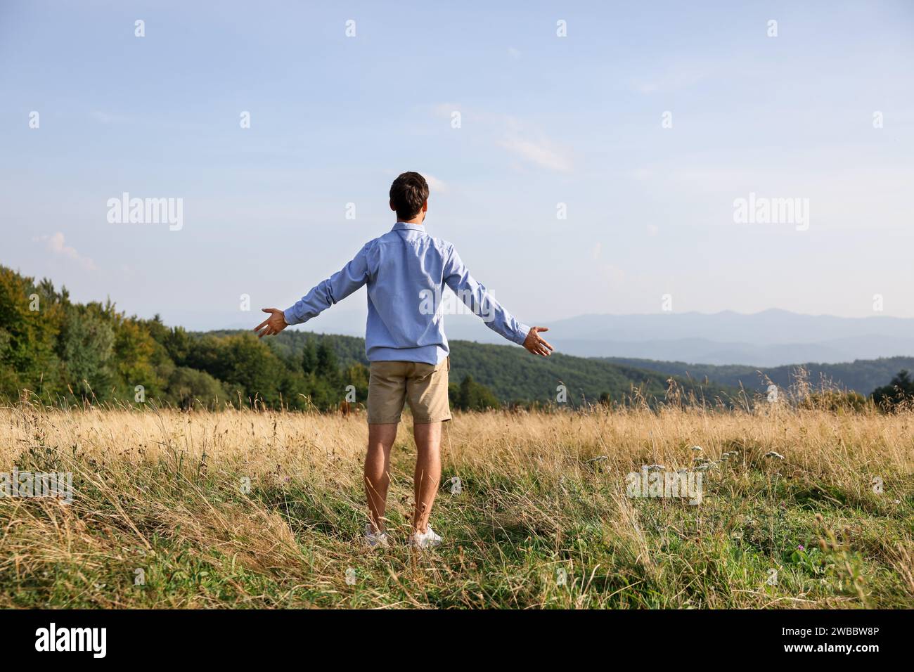 Feeling freedom. Man with wide open arms on meadow, back view Stock ...