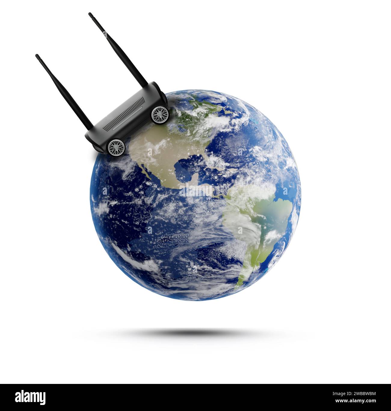 Fast internet connection. Wi-Fi router with wheels riding on white ...