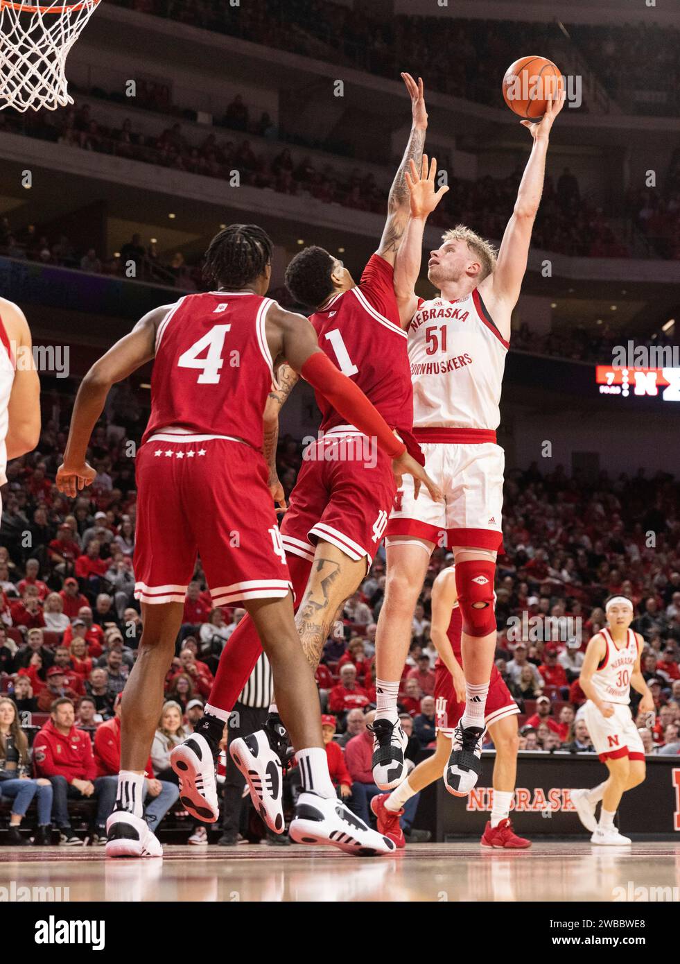 Nebraska's Rienk Mast (51) shoots against Indiana's Anthony Walker (4 ...