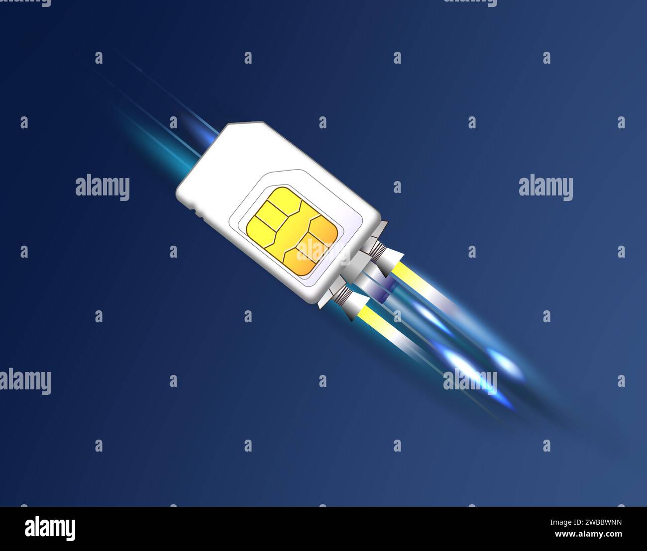 Fast internet connection. SIM card rocket flying on dark blue ...