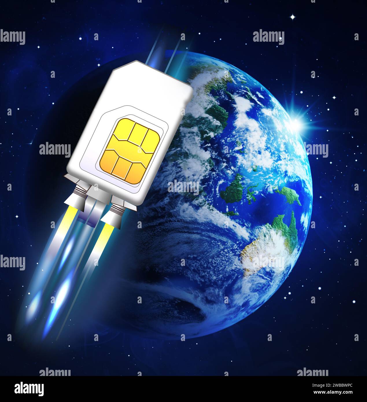 Fast internet connection. SIM card rocket flying around planet in space ...