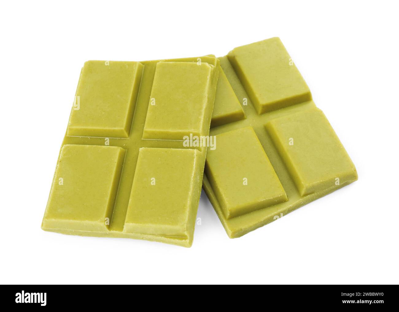 Pieces of tasty matcha chocolate bar isolated on white Stock Photo - Alamy
