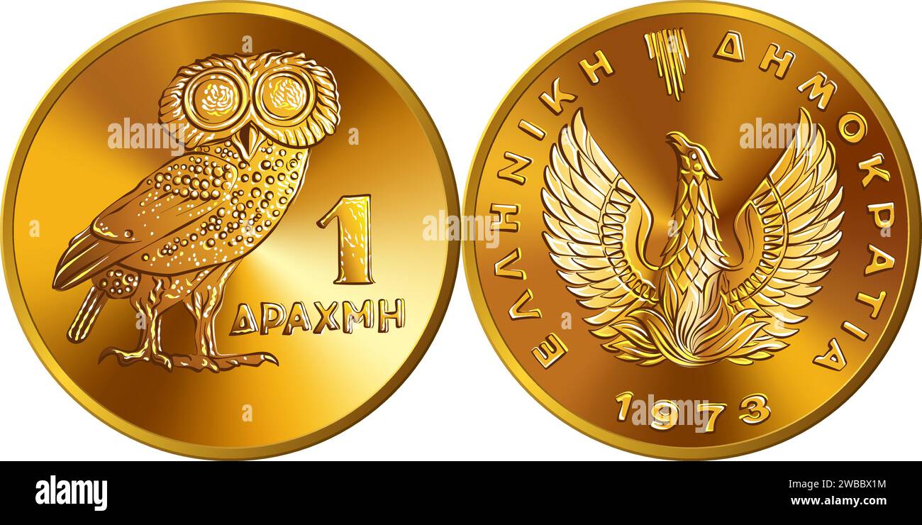 vector Greek money, 1 drachma gold coin reverse with owl, obverse ...