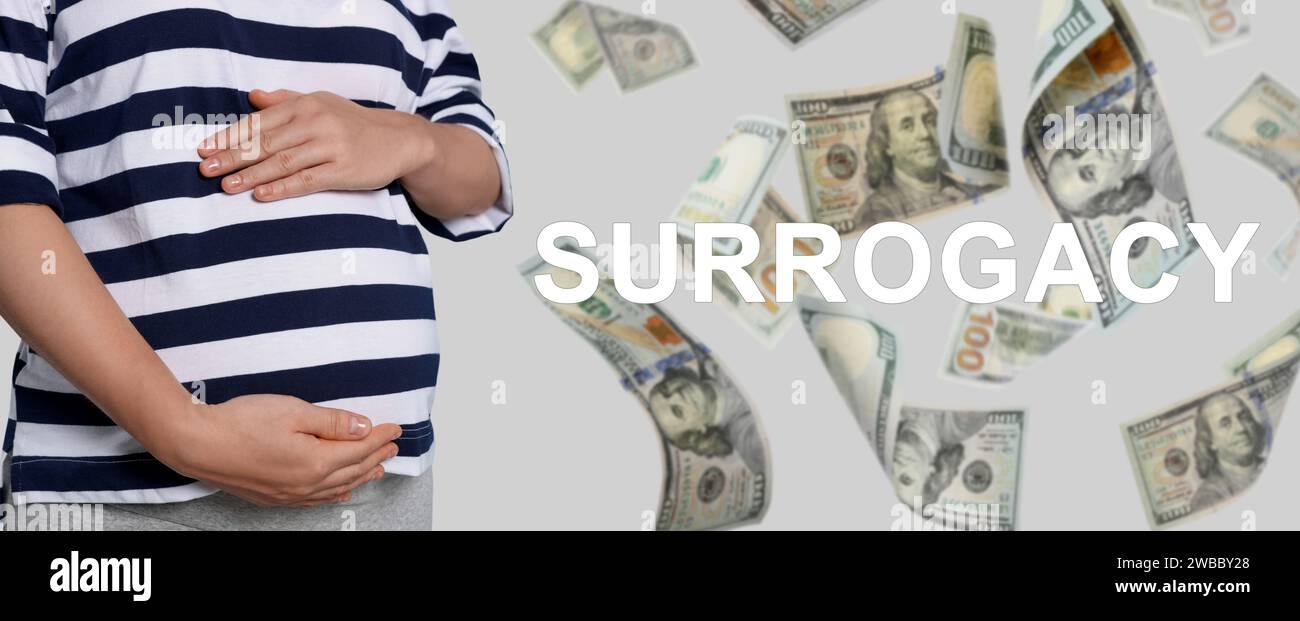 Surrogate mother under money shower on light background, closeup ...