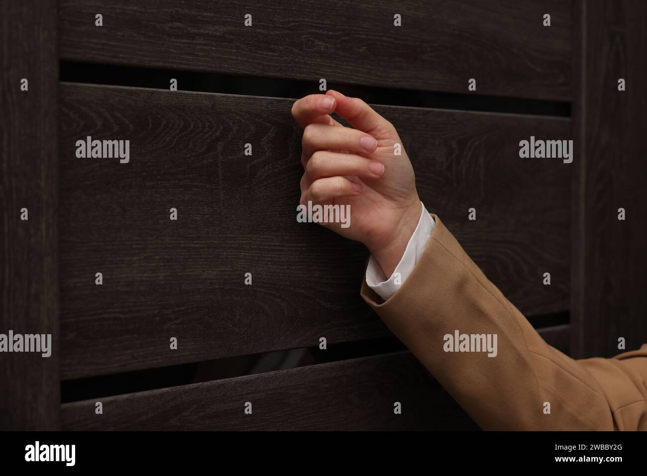 Collector knocking on door indoors, closeup view Stock Photo - Alamy