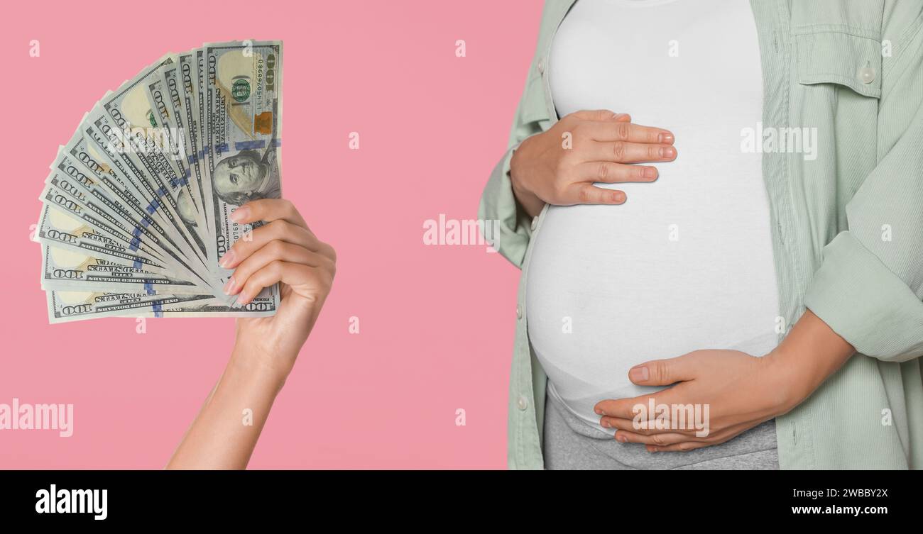 Surrogacy. Intended mother with money and pregnant woman on pink ...