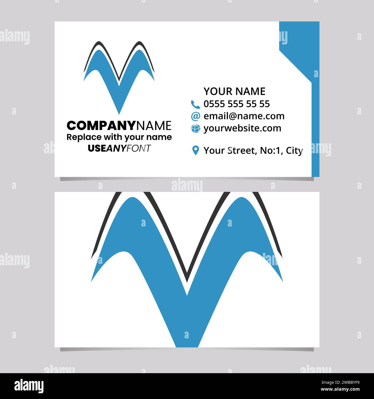 Blue and Black Business Card Template with Wing Shaped Letter V Logo ...