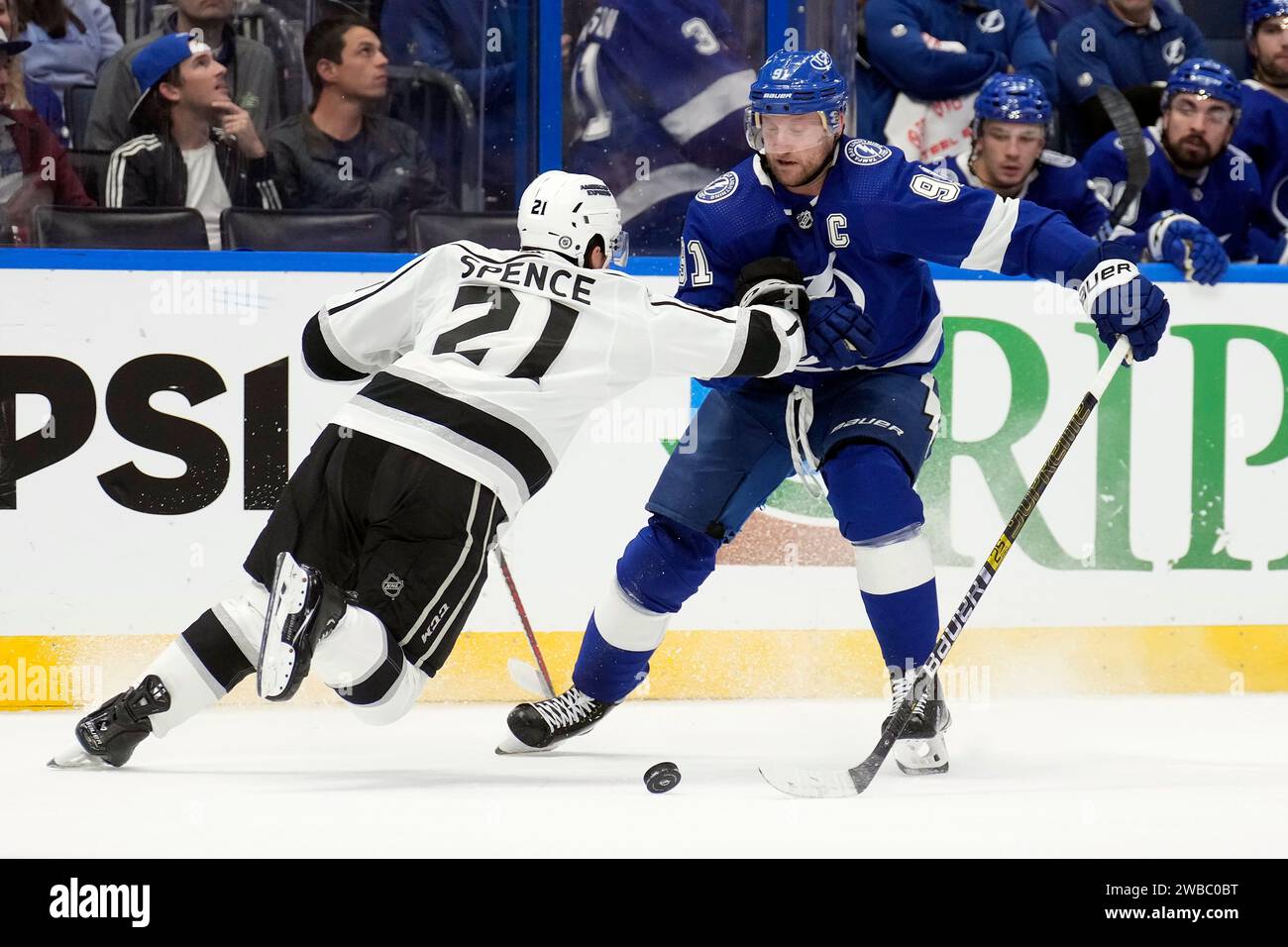 Los Angeles Kings defenseman Jordan Spence (21) stops Tampa Bay ...