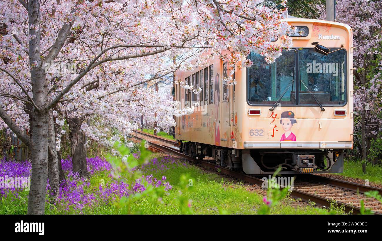 Kyoto, Japan - March 31 2023: Keifuku Tram is operated by Keifuku ...
