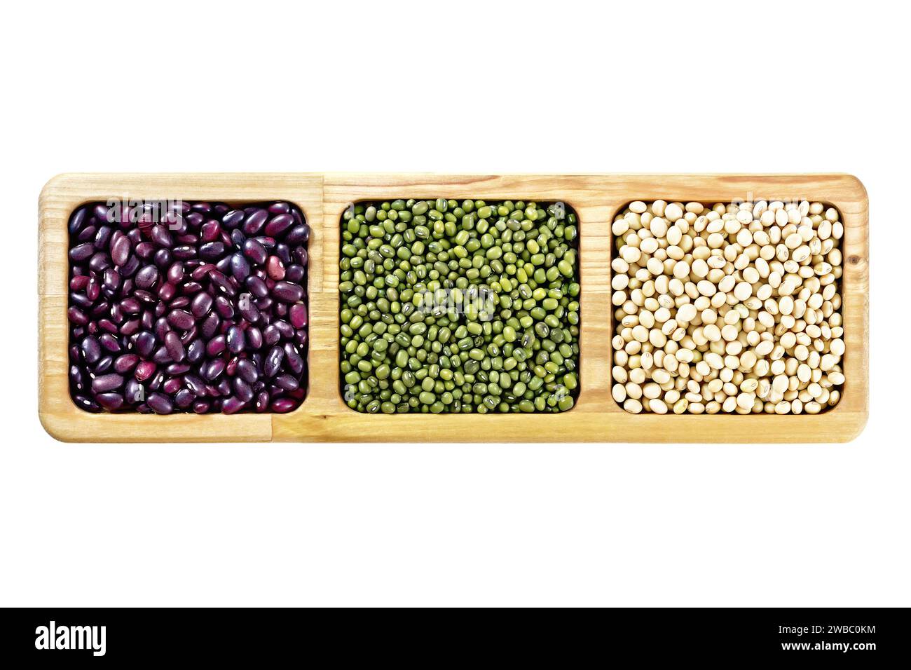 Green mung bean lentils, ruby haricot and soybeans in wooden menagerie ...
