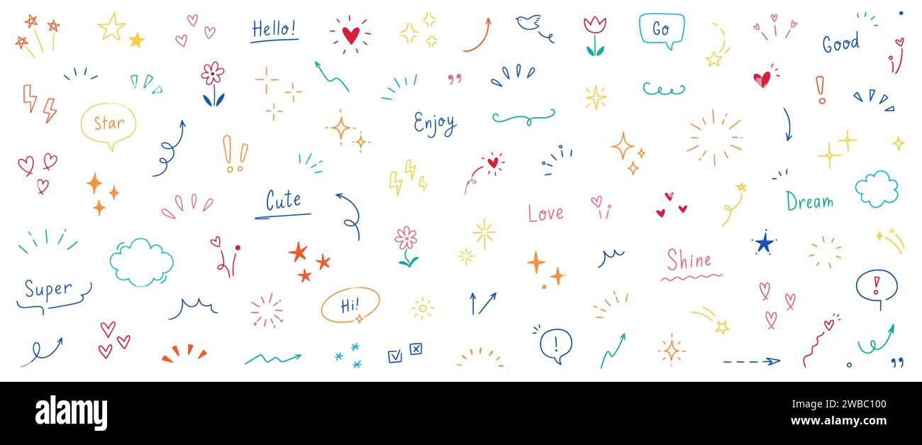 Doodle cute star, heart, arrow pen line color elements. Doodle heart ...