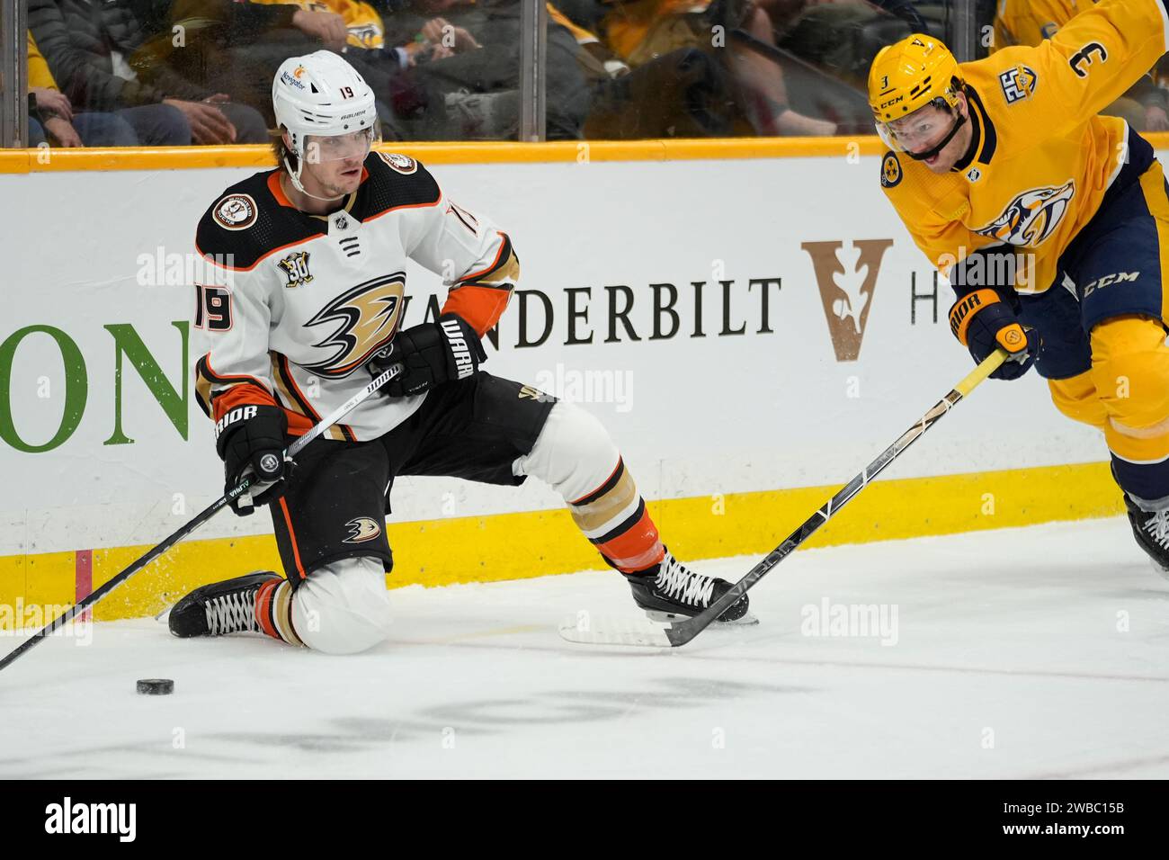Anaheim Ducks right wing Troy Terry (19) gathers the puck past ...