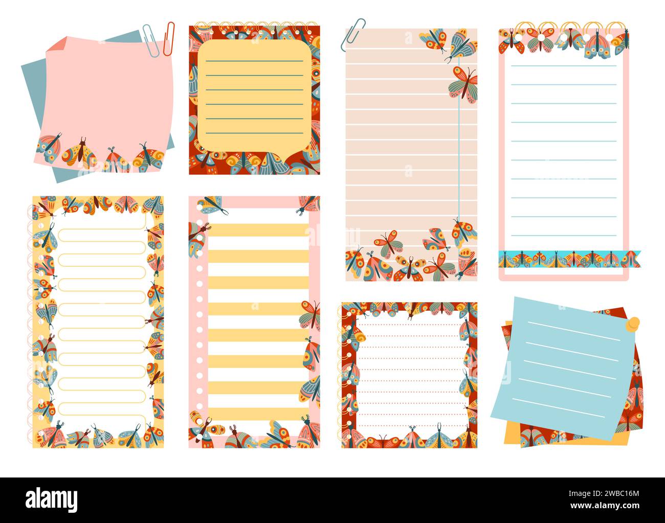 Notepaper page, bookmark and sticker set with butterfly. Stationery ...