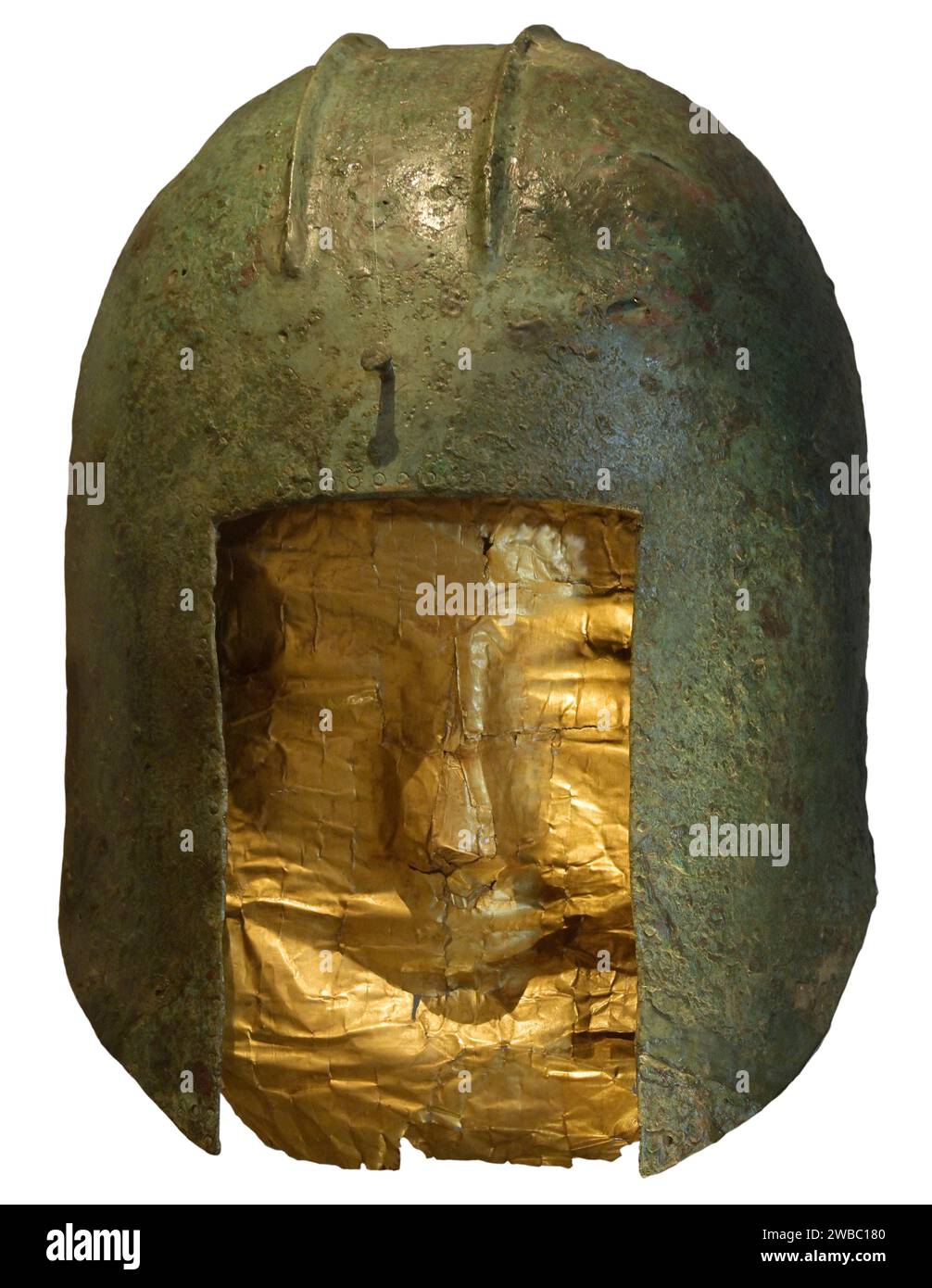 Helmet and gold mask of a warrior, Sindos Stock Photo - Alamy