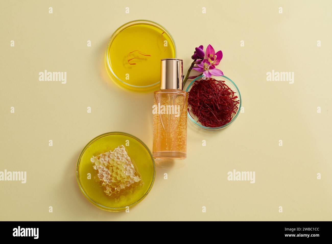 Advertising scene for cosmetics extracted from saffron and honey on a ...