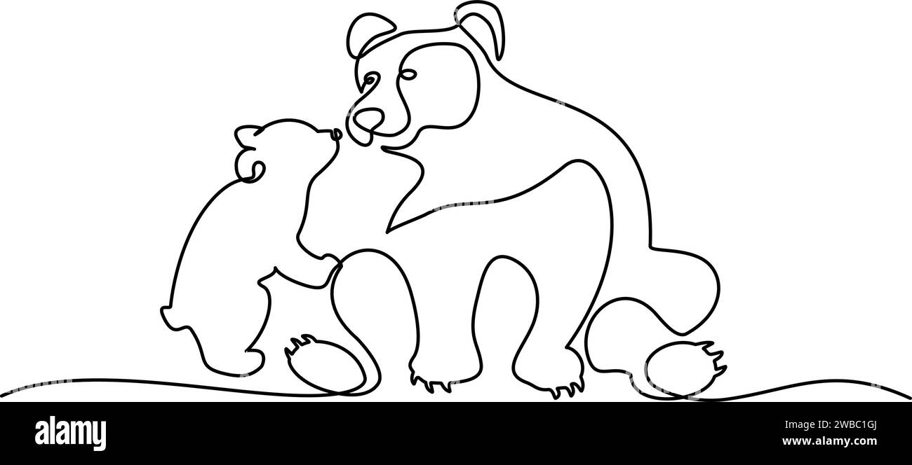 Continuous one line drawing. Bear with baby cub. Vector illustration ...