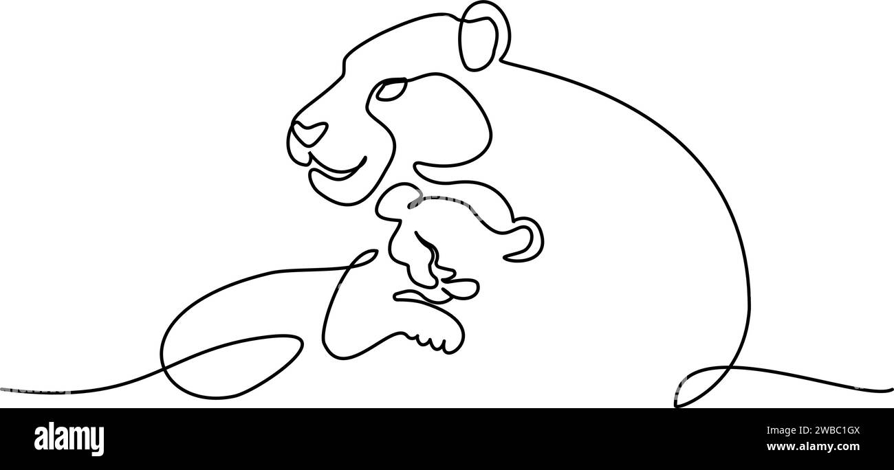 Continuous one line drawing. Young lioness with lion cub Stock Vector ...