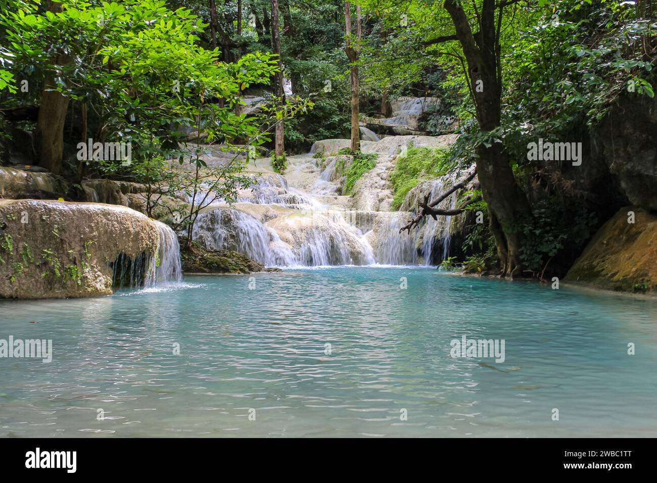 Erawan Waterfall level 7, Kanchanaburi Province, Thailand. Copy space ...
