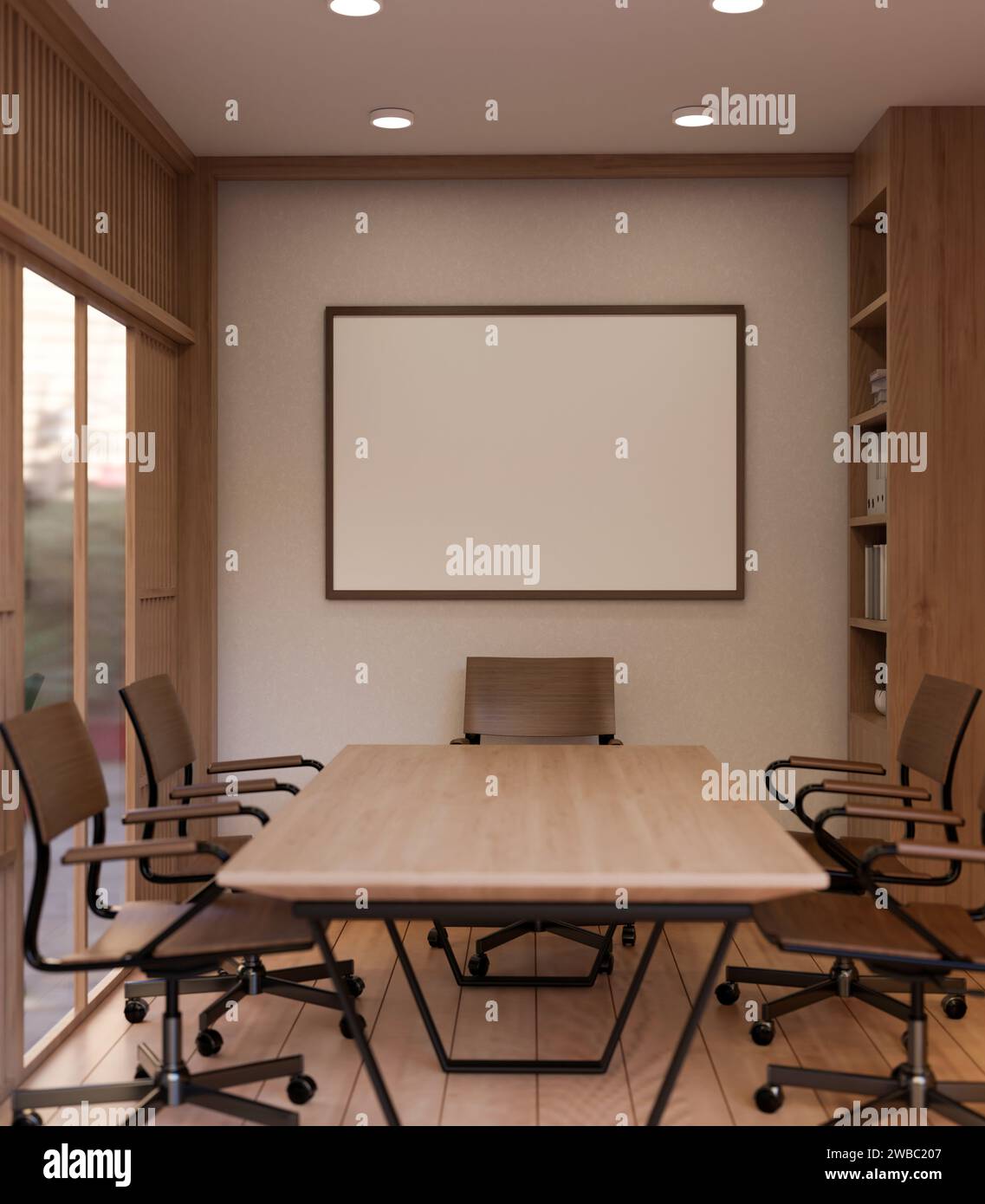 Front view of a modern meeting room with a meeting table, parquet floor ...
