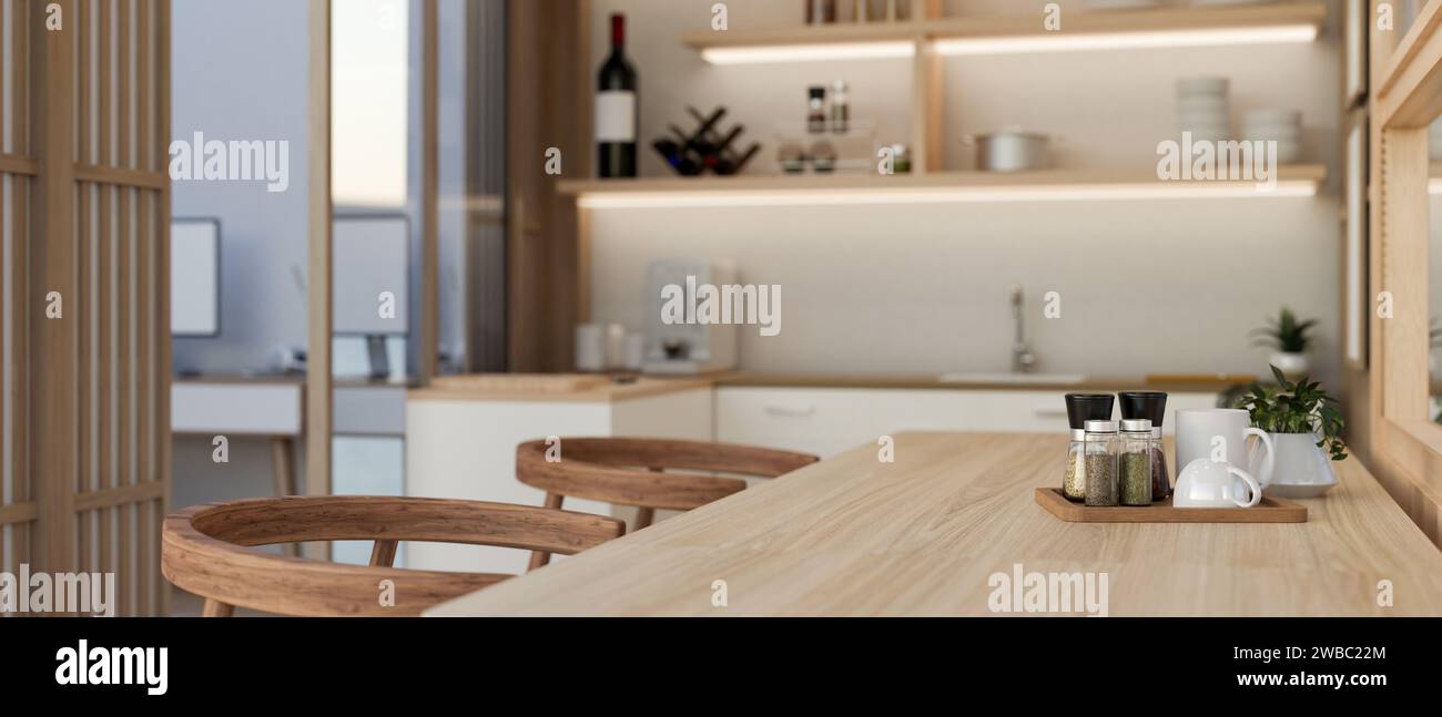 Close-up image of a hardwood dining table in a beautiful modern home ...