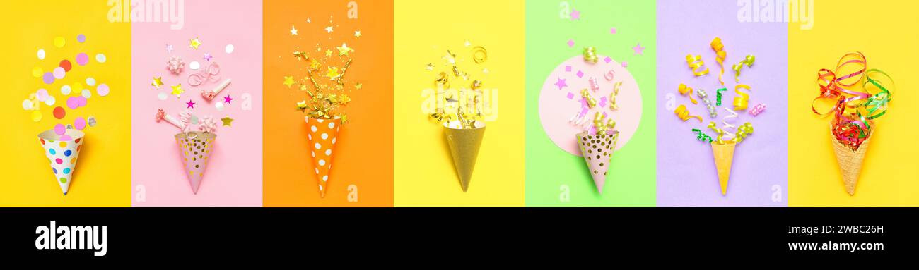 Collage of party hats with wafer cone, confetti and streamers on color ...