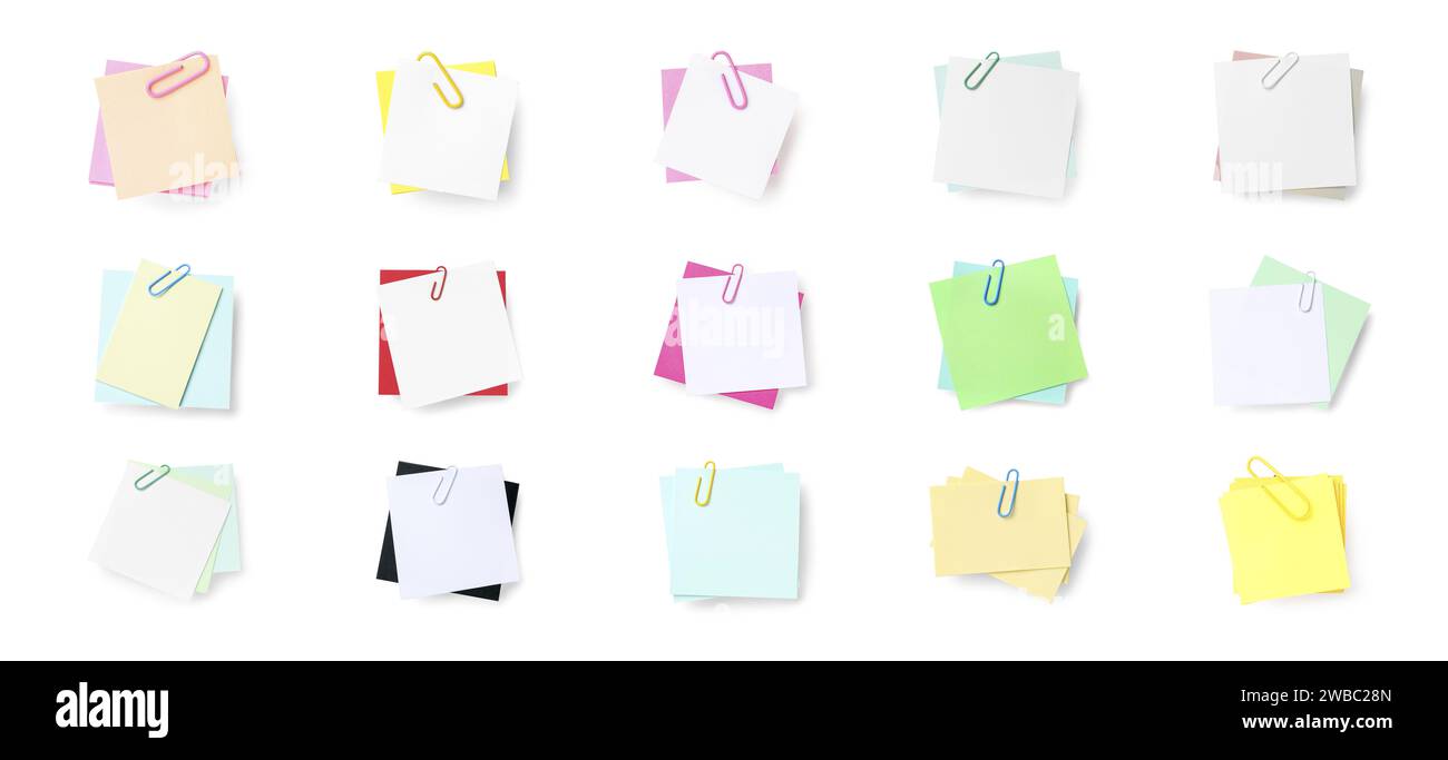 Collection of paper sheets with clips on white background Stock Photo ...