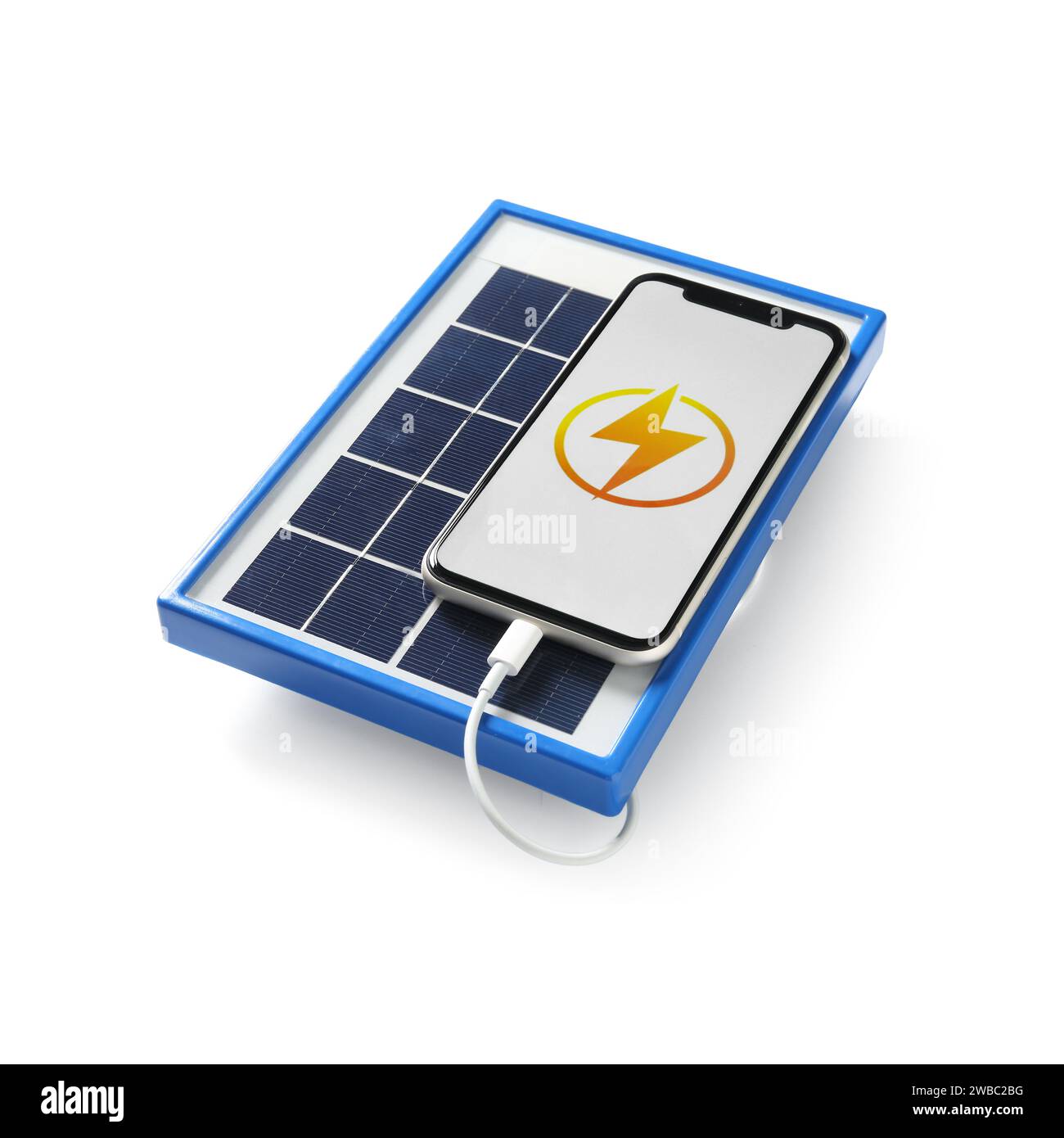 Portable solar panel charging mobile phone on white background Stock ...