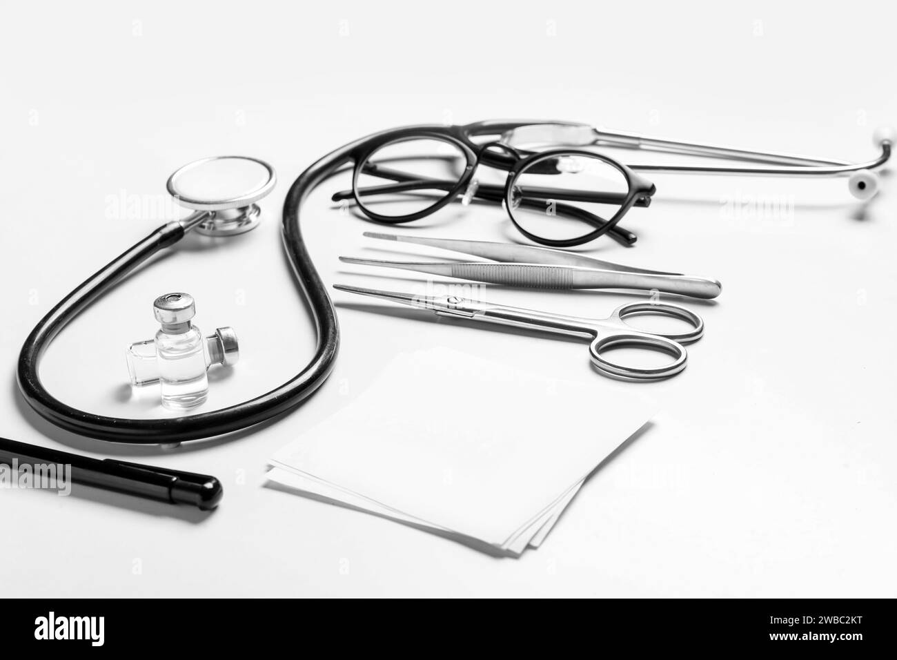 Stethoscope, glasses and doctor's tools on white background Stock Photo ...