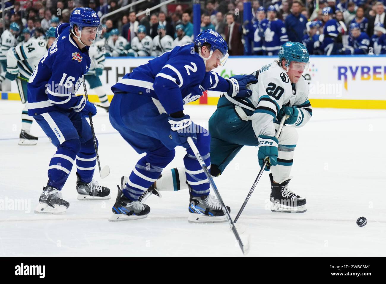 Toronto Maple Leafs defenseman Simon Benoit (2) checks San Jose Sharks ...