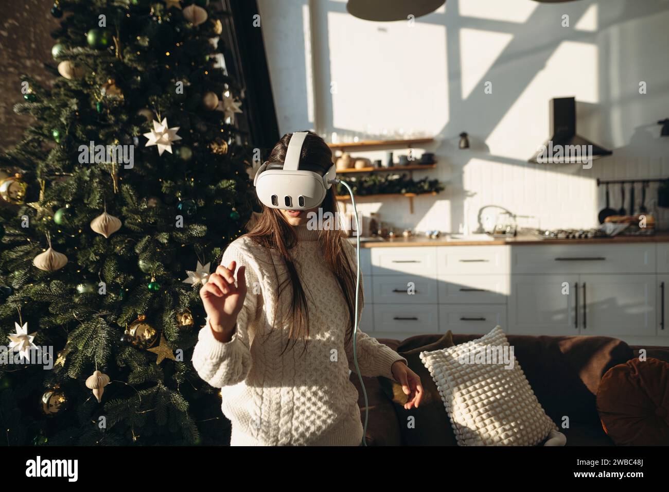 The image portrays a stunning girl in a virtual reality headset against ...