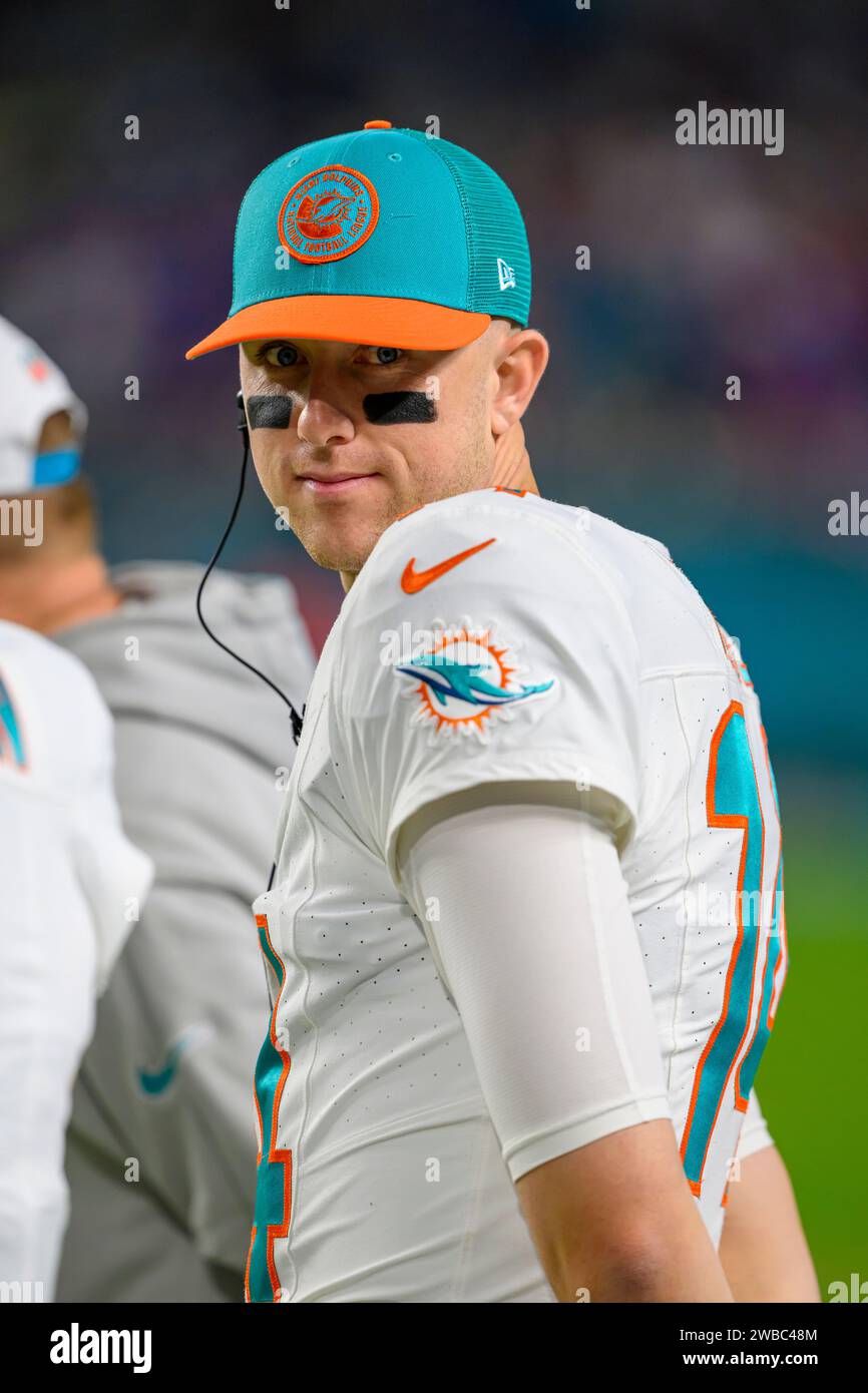 Miami Dolphins quarterback Mike White (14) smiles on the sidelines ...