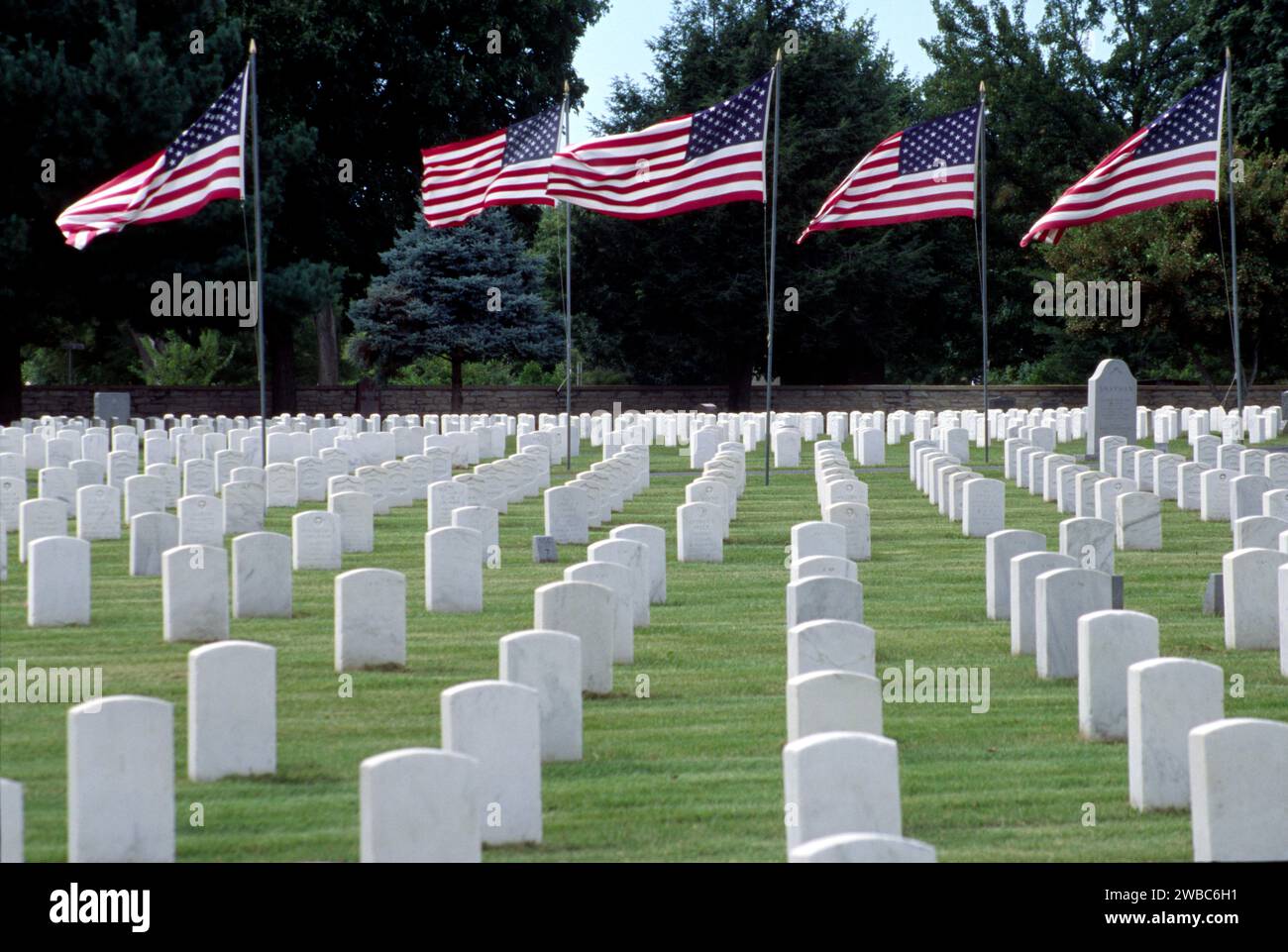 Grave rows with American flags, Springfield National Cemetery ...