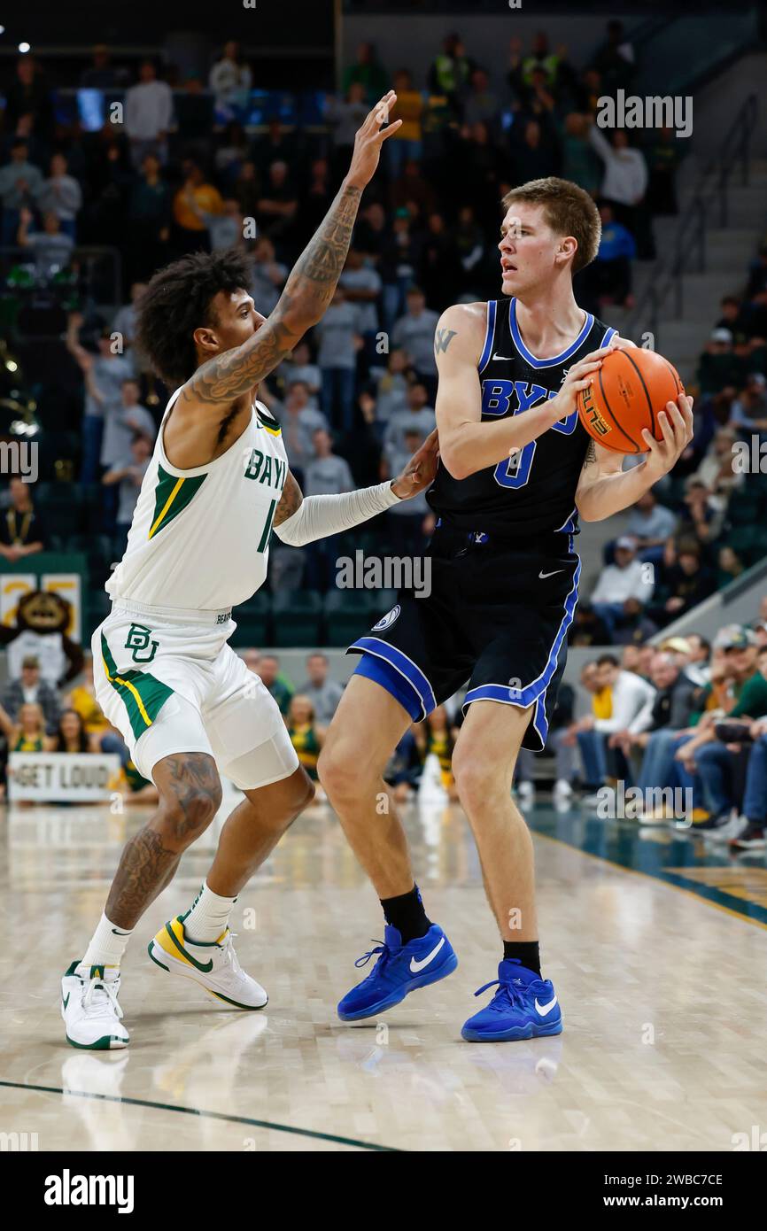 WACO, CA - JANUARY 09: Brigham Young Cougars forward Noah Waterman (0) is pinned after picking ...