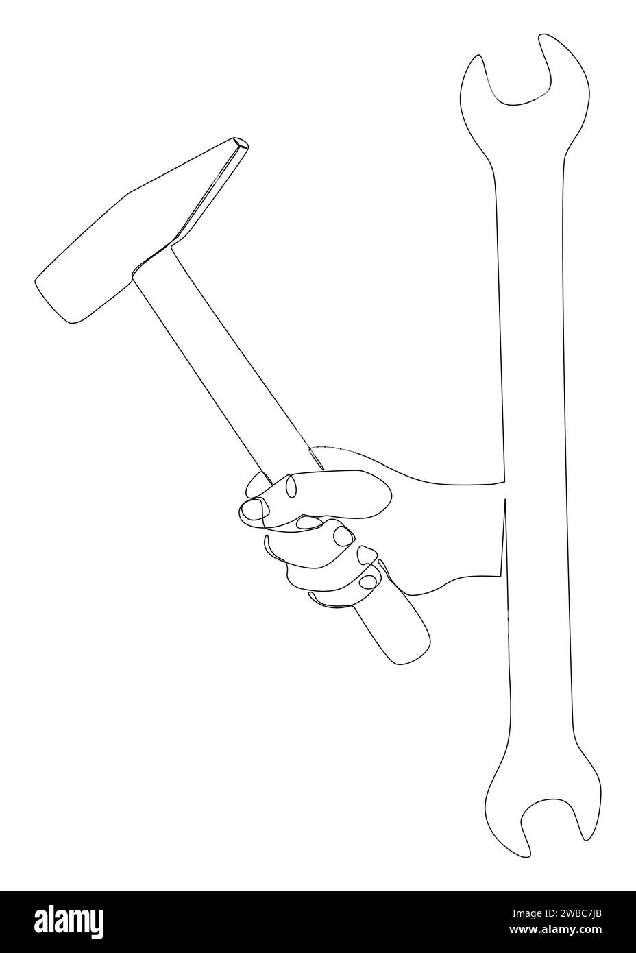 One continuous line of Hammer and Wrench. Thin Line work tools ...