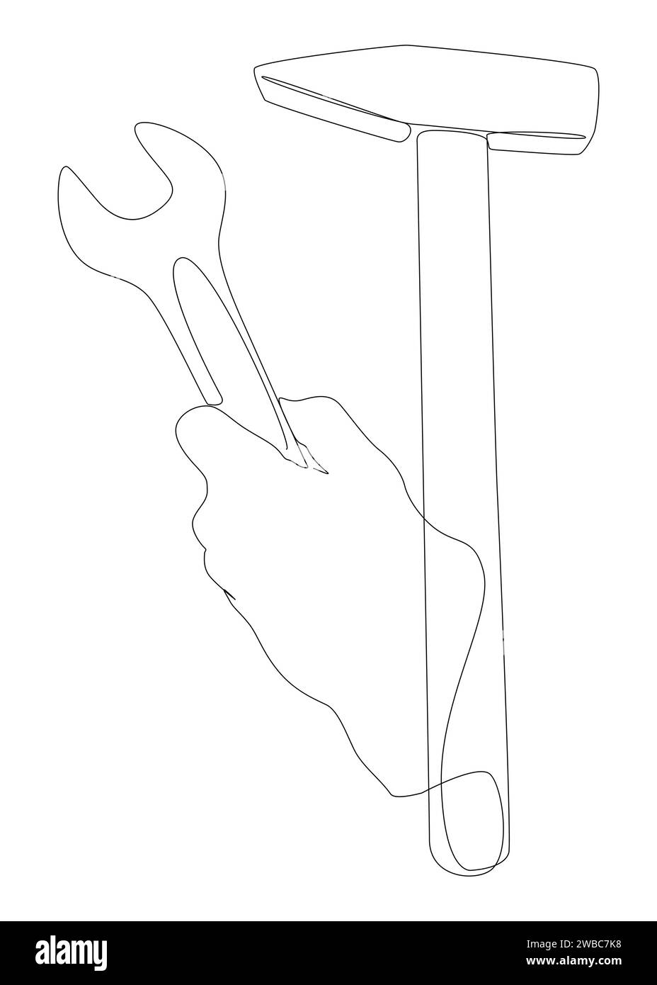 One continuous line of Hammer and Wrench. Thin Line work tools ...