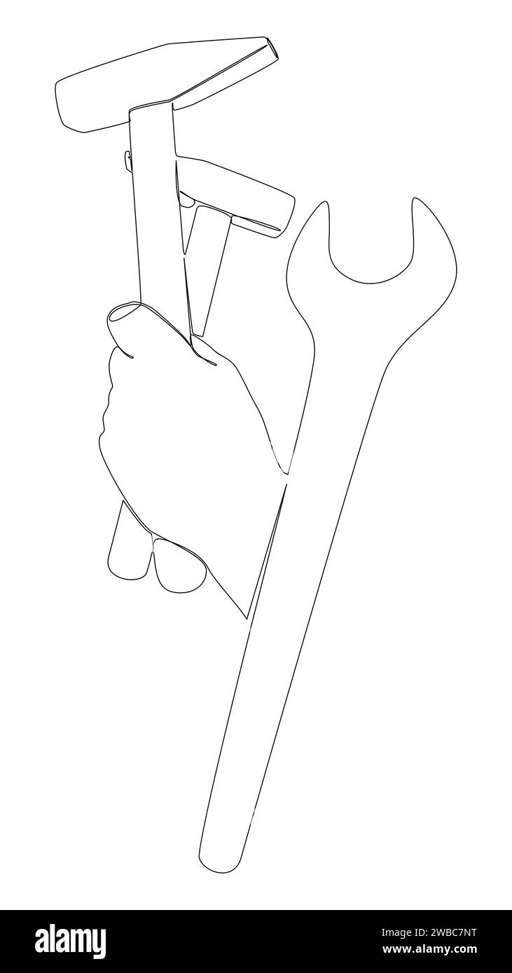 One continuous line of Hammer and Wrench. Thin Line work tools ...