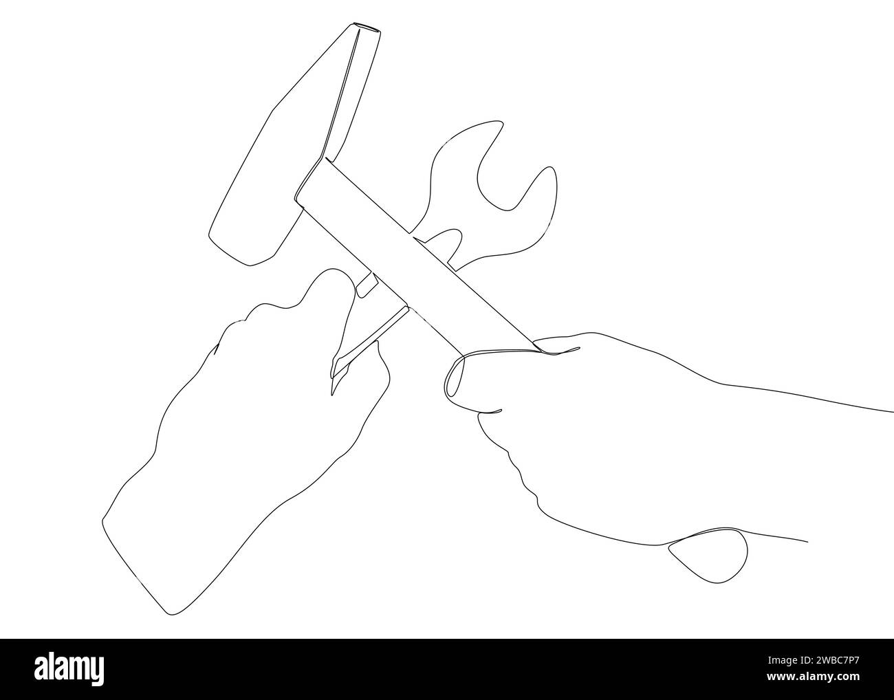 One continuous line of Hammer and Wrench. Thin Line work tools ...