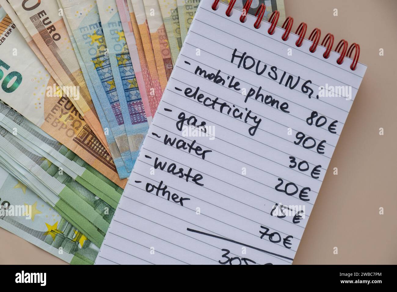 Euro cash money with notebook handwritten housing expenses. Counting ...