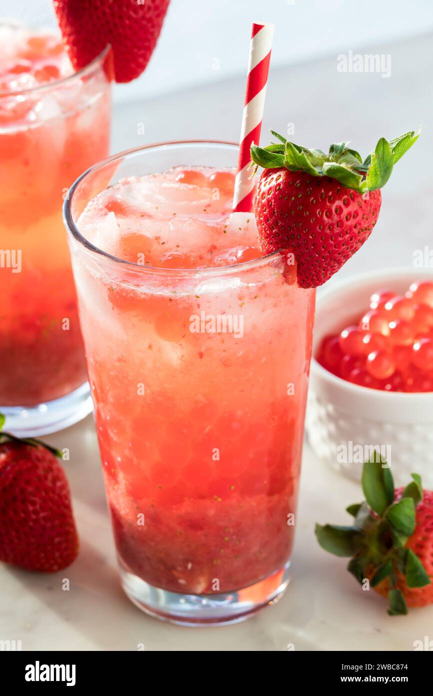 Refreshing homemade strawberry lemonade with bubble pearls, ready for ...