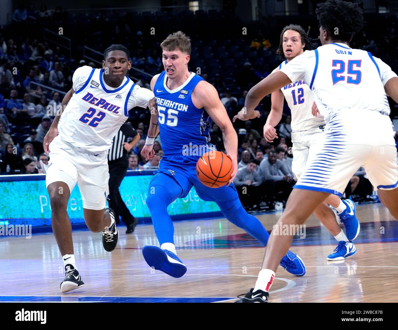 Creighton guard Baylor Scheierman (55) drives to the basket as DePaul ...