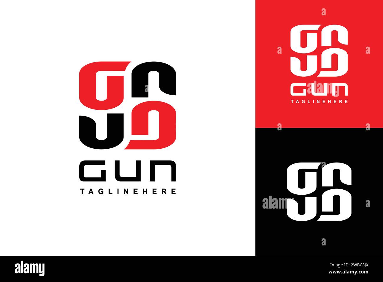 Gun ambigram logo combination red and black color letter design vector ...
