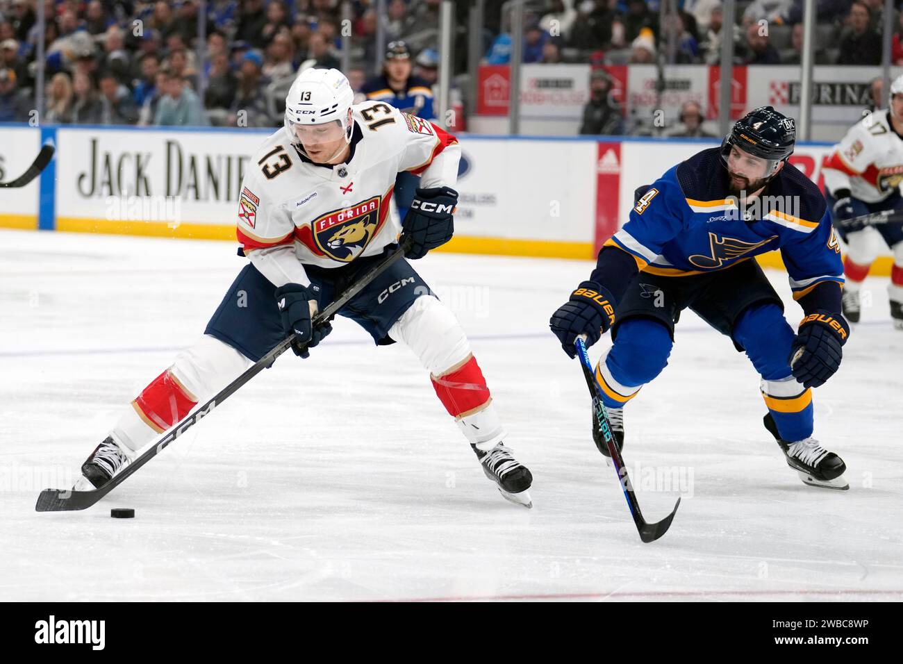Florida Panthers' Sam Reinhart (13) handles the puck as St. Louis Blues ...
