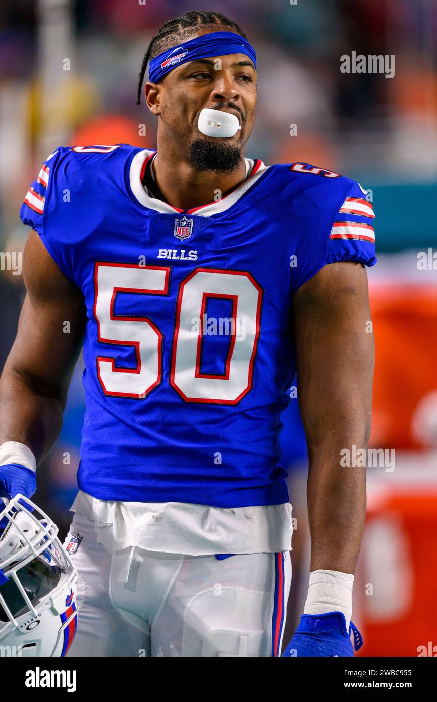 Buffalo Bills defensive end Greg Rousseau (50) stands on the sidelines ...