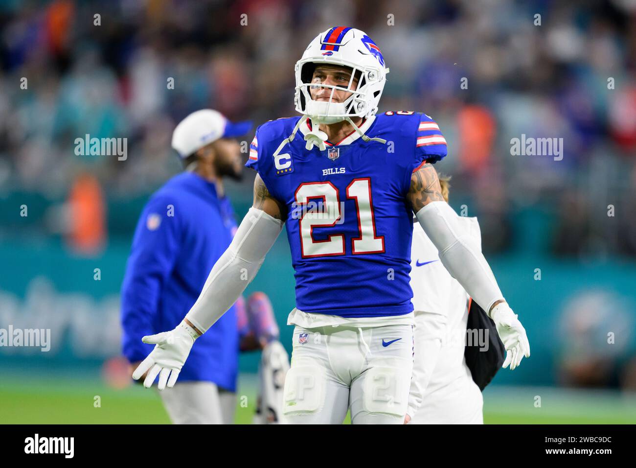 Buffalo Bills safety Jordan Poyer (21) gestures to the fans during an ...
