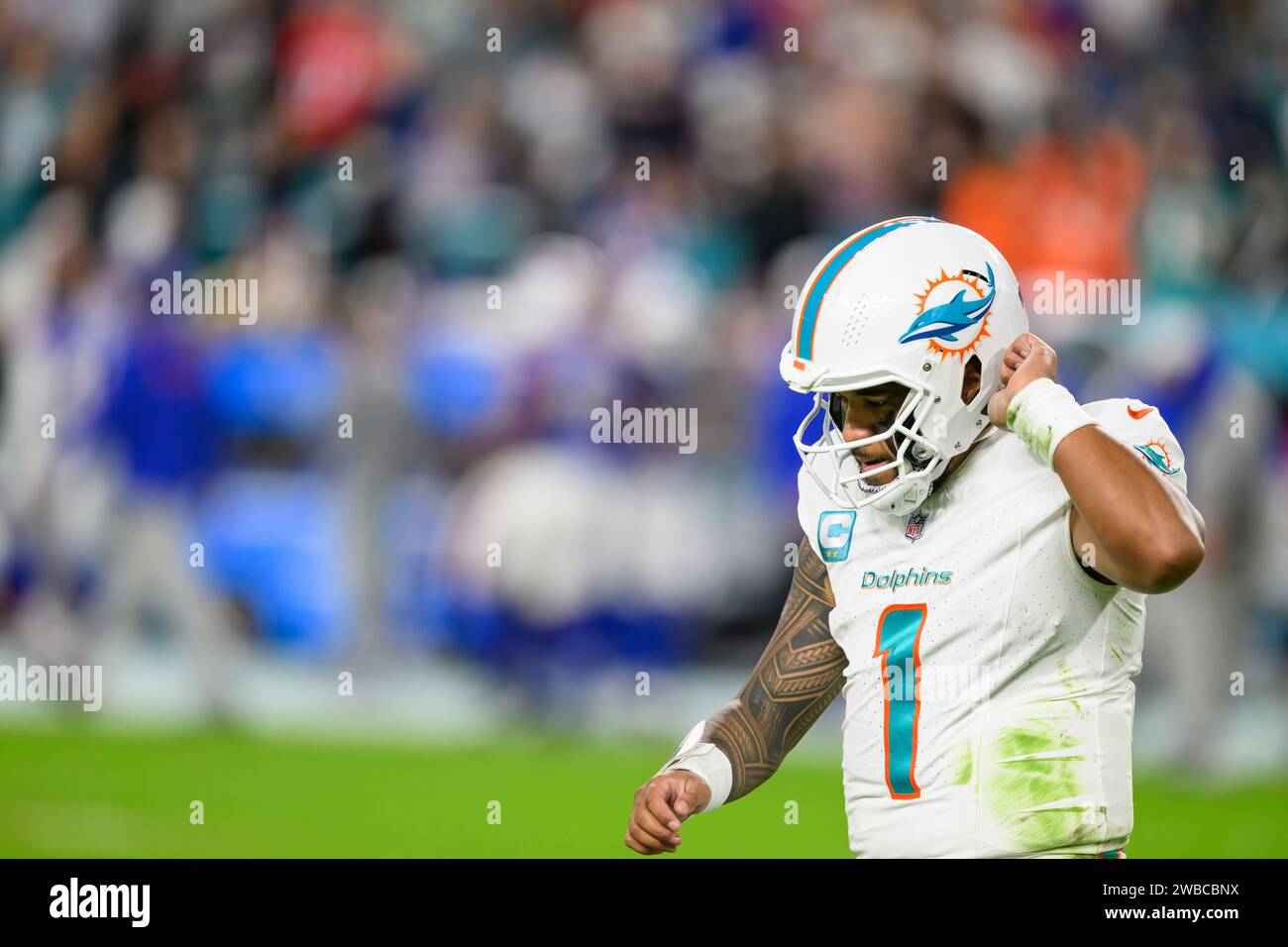 Miami Dolphins quarterback Tua Tagovailoa (1) looks down as he walks ...