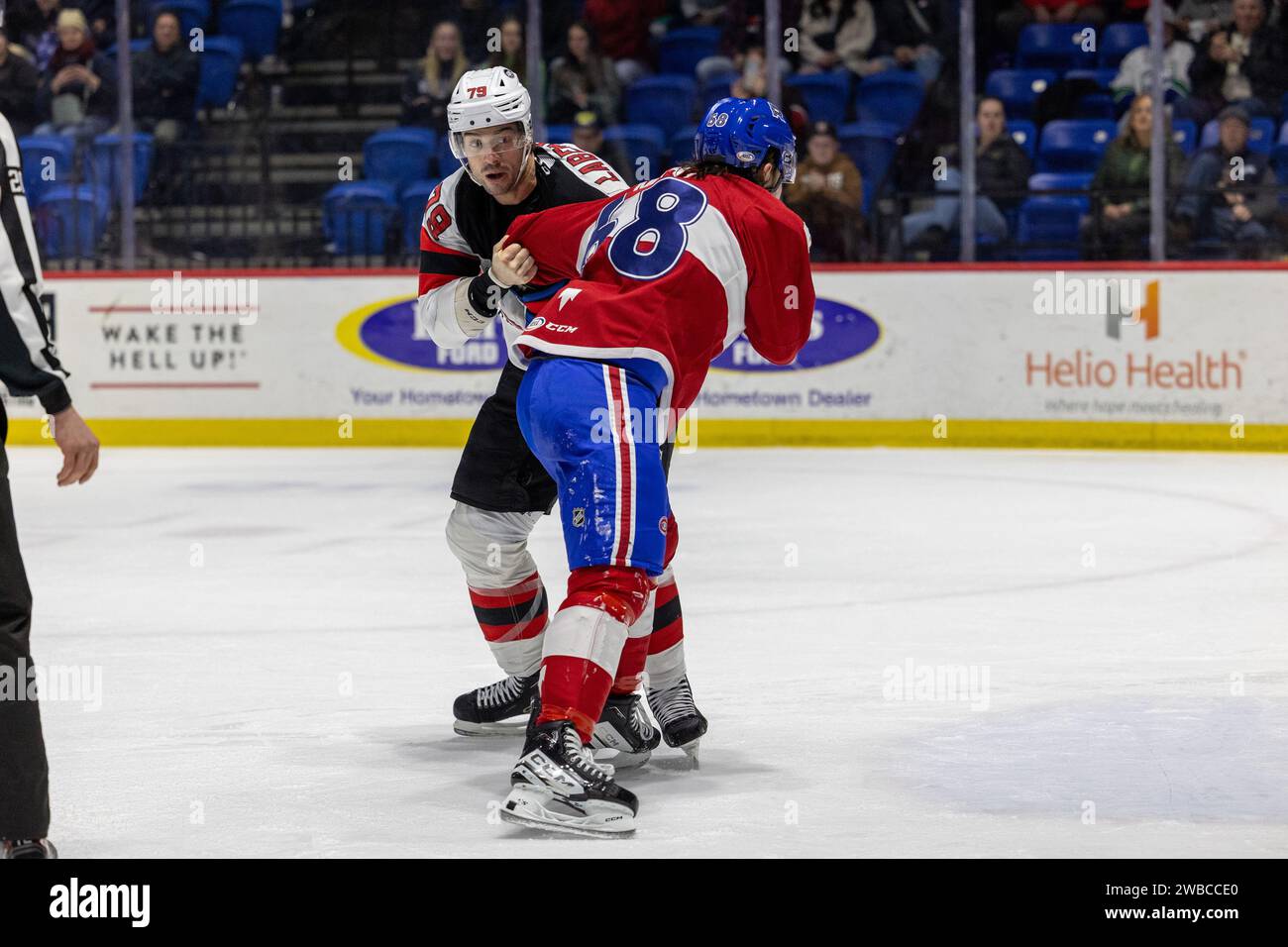 January 7th, 2024: Utica Devils forward Samuel Laberge (79) fights in ...