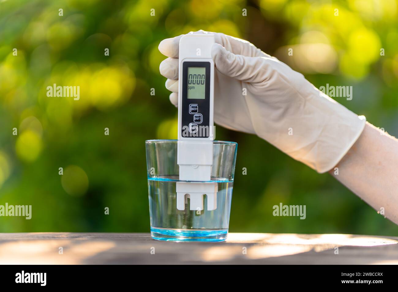 pH meter in hands with gloves, glass of water on blurred background of nature. Measurement of ...