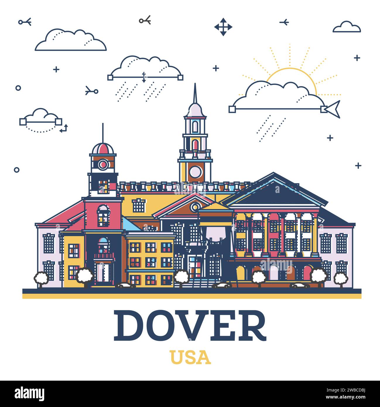 Outline Dover Delaware City Skyline with colored Modern and Historic ...