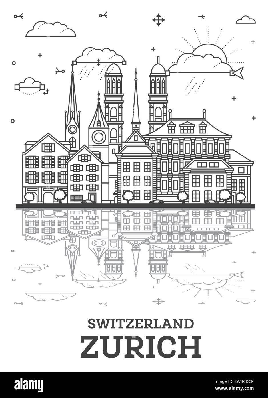 Outline Zurich Switzerland City Skyline with Historic Buildings and ...