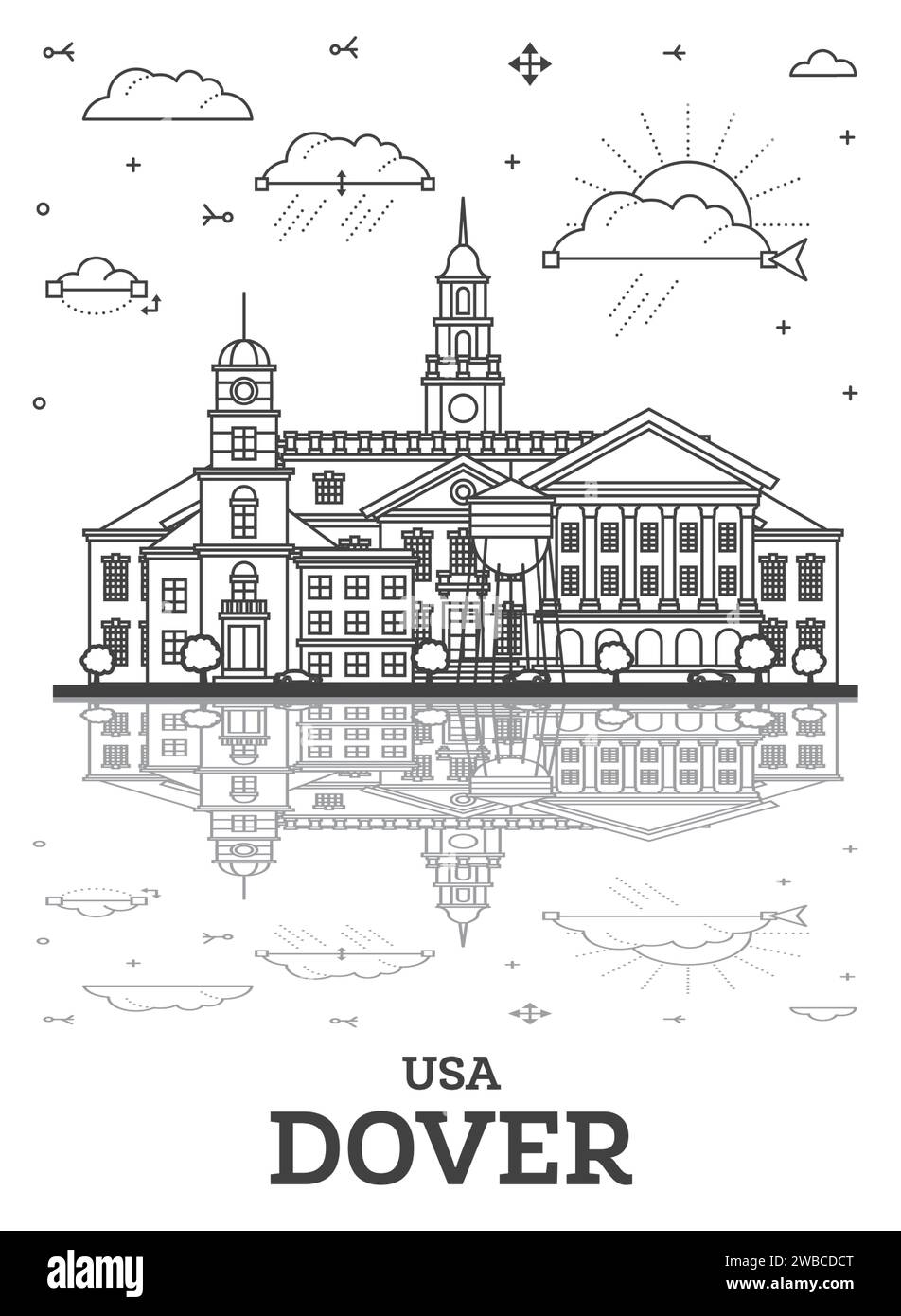 Outline Dover Delaware City Skyline with Historic Buildings and ...